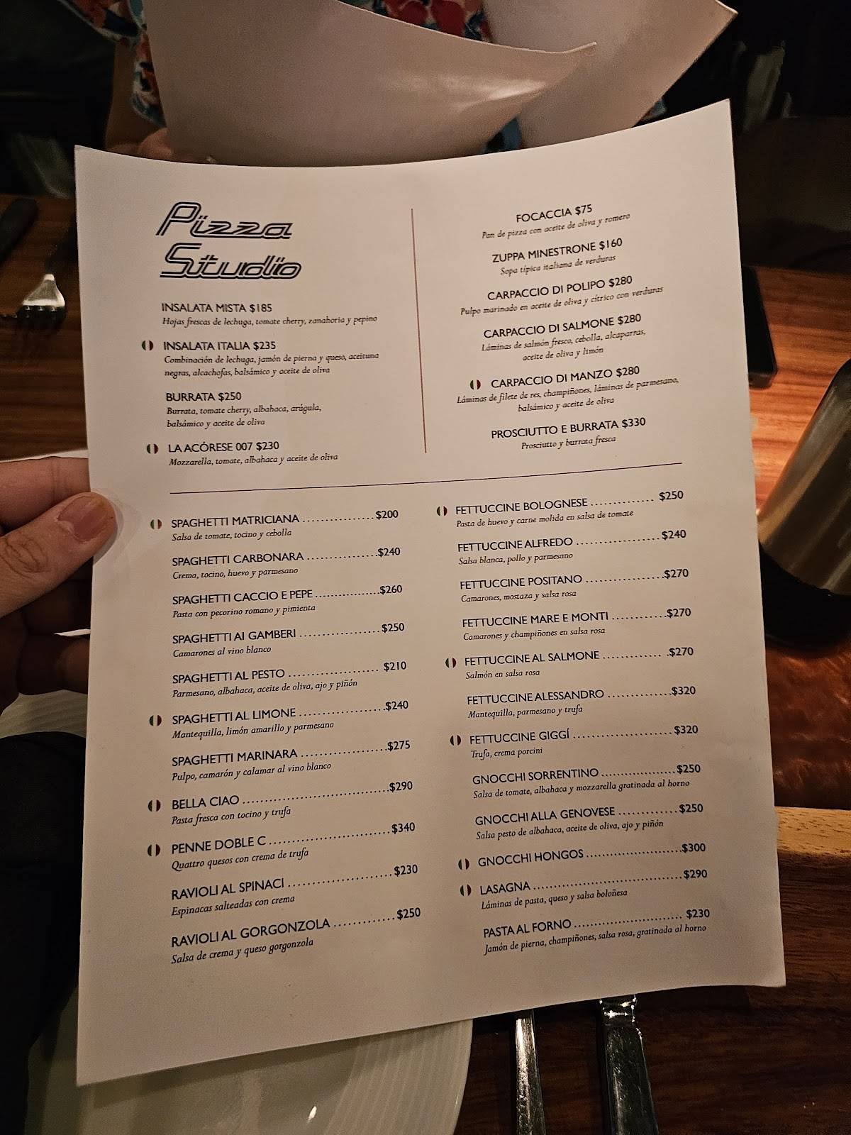 Carta de pizzería Pizza Studio, Monterrey