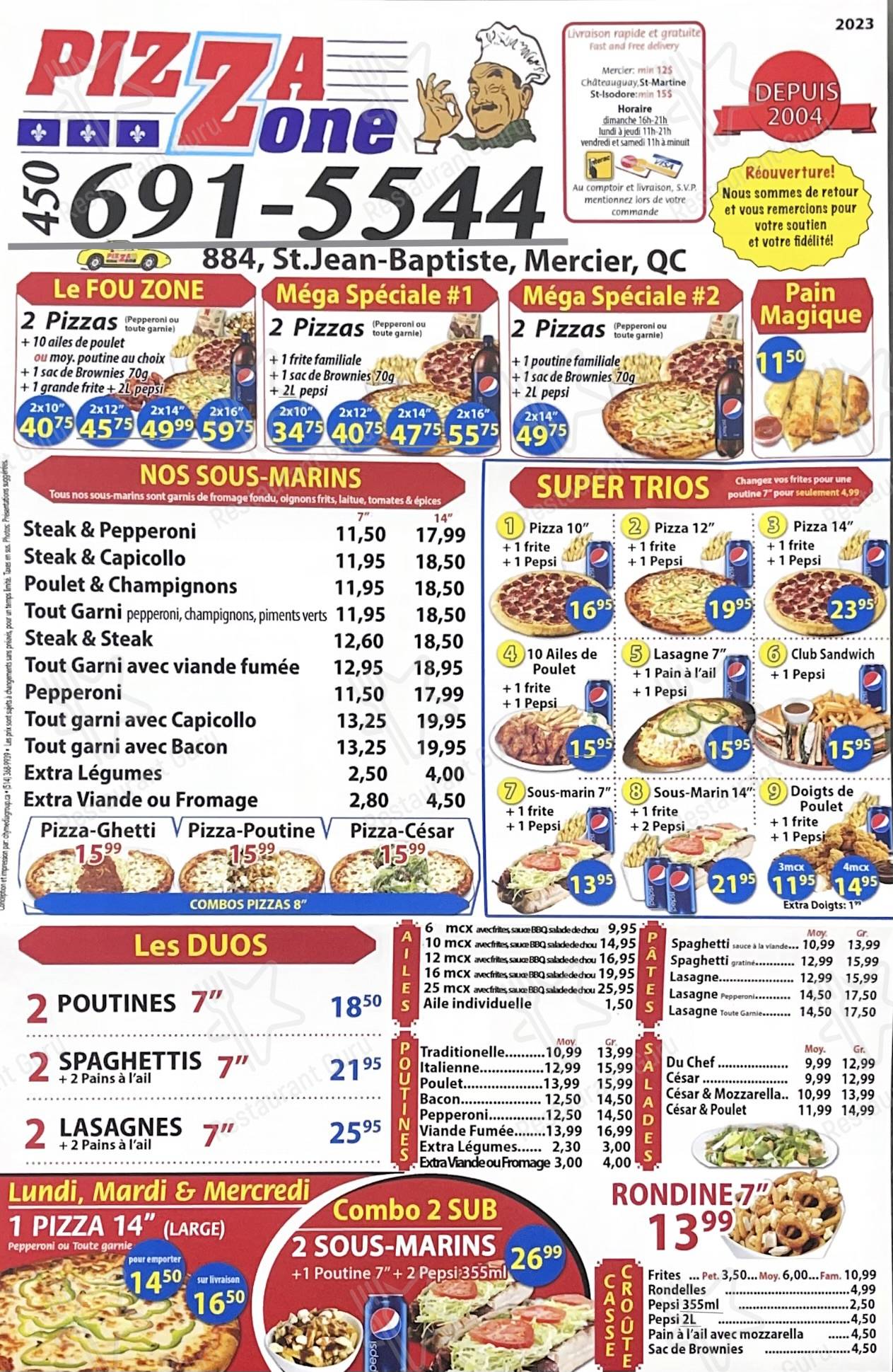 Menu au Pizzeria 5 Étoiles, Mercier