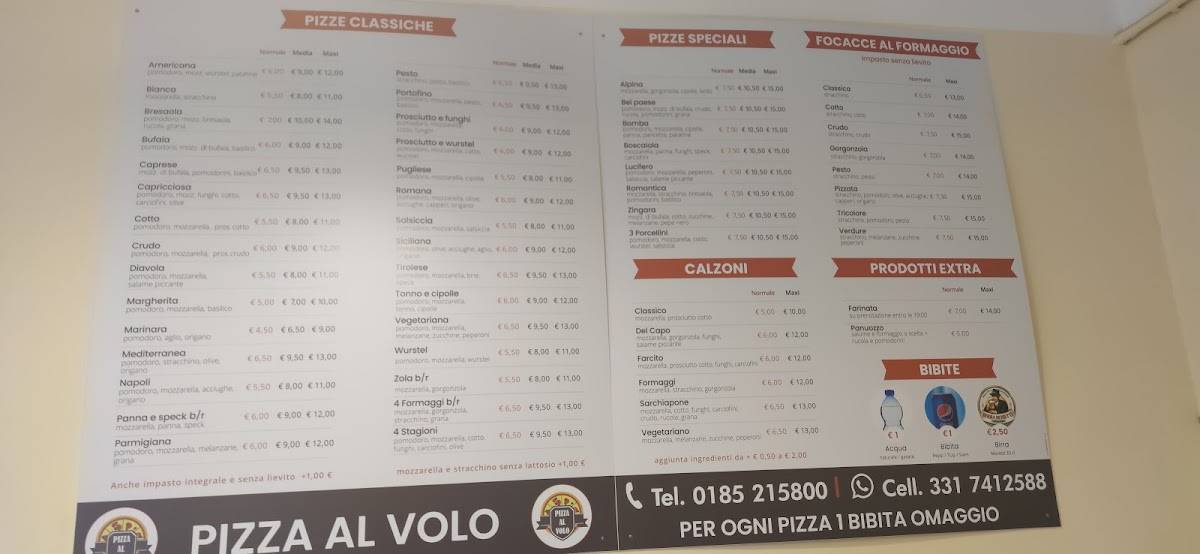 Menu da Pizza al volo di Luca Sanguineti pizzeria, Chiavari