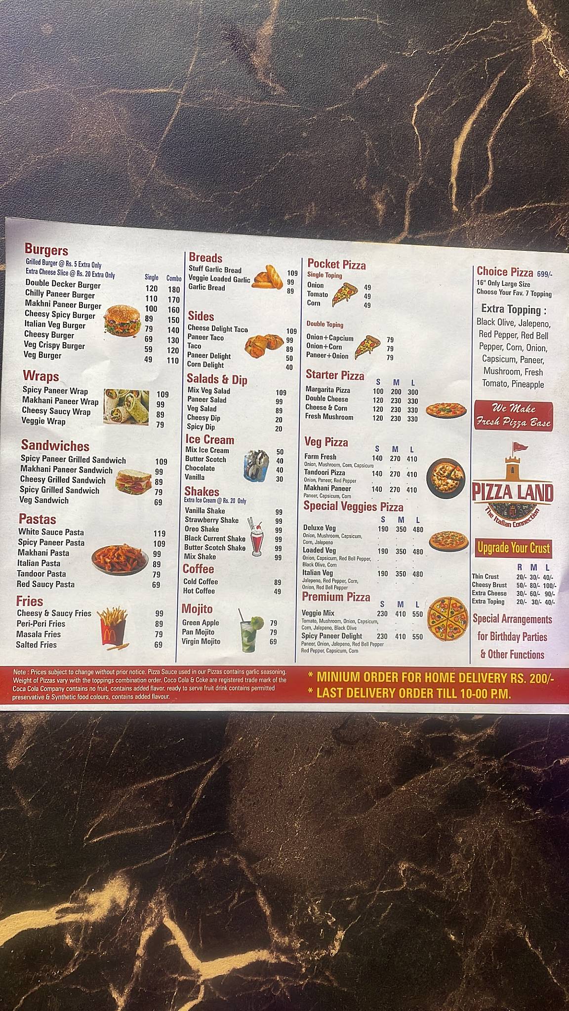 Menu at Pizza land, Malerkotla
