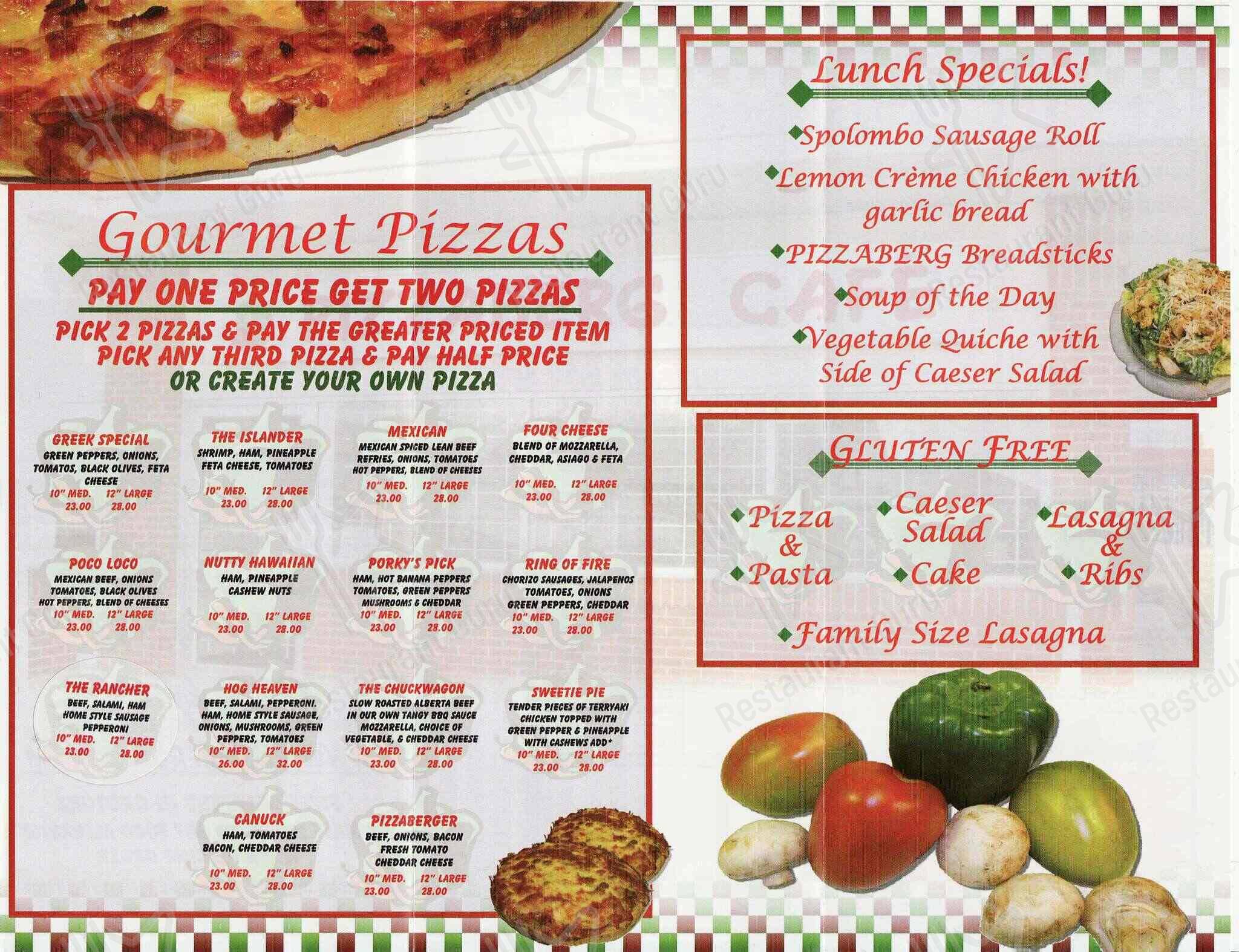 Menu at Pizzaberg Cafe, Okotoks