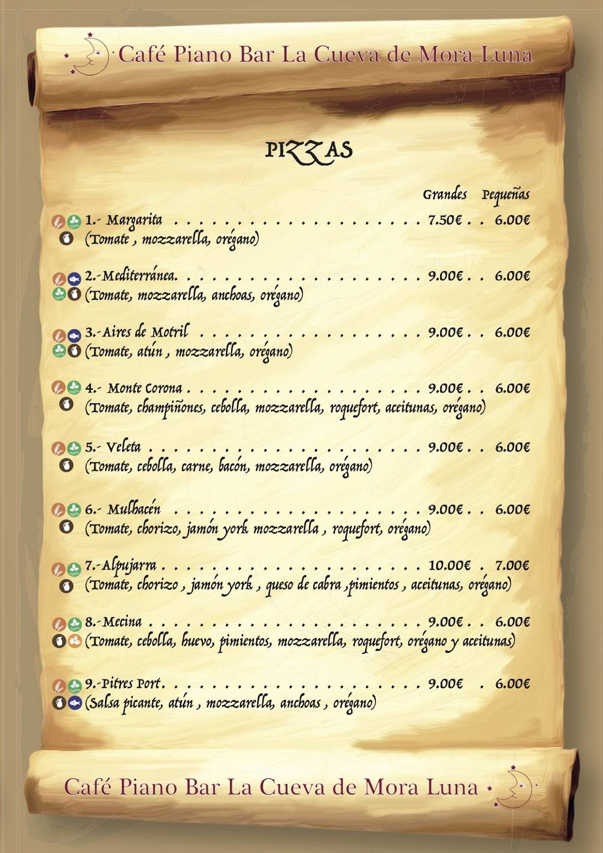 Menu at Pizzería Mora Luna, Mecina-Fondales