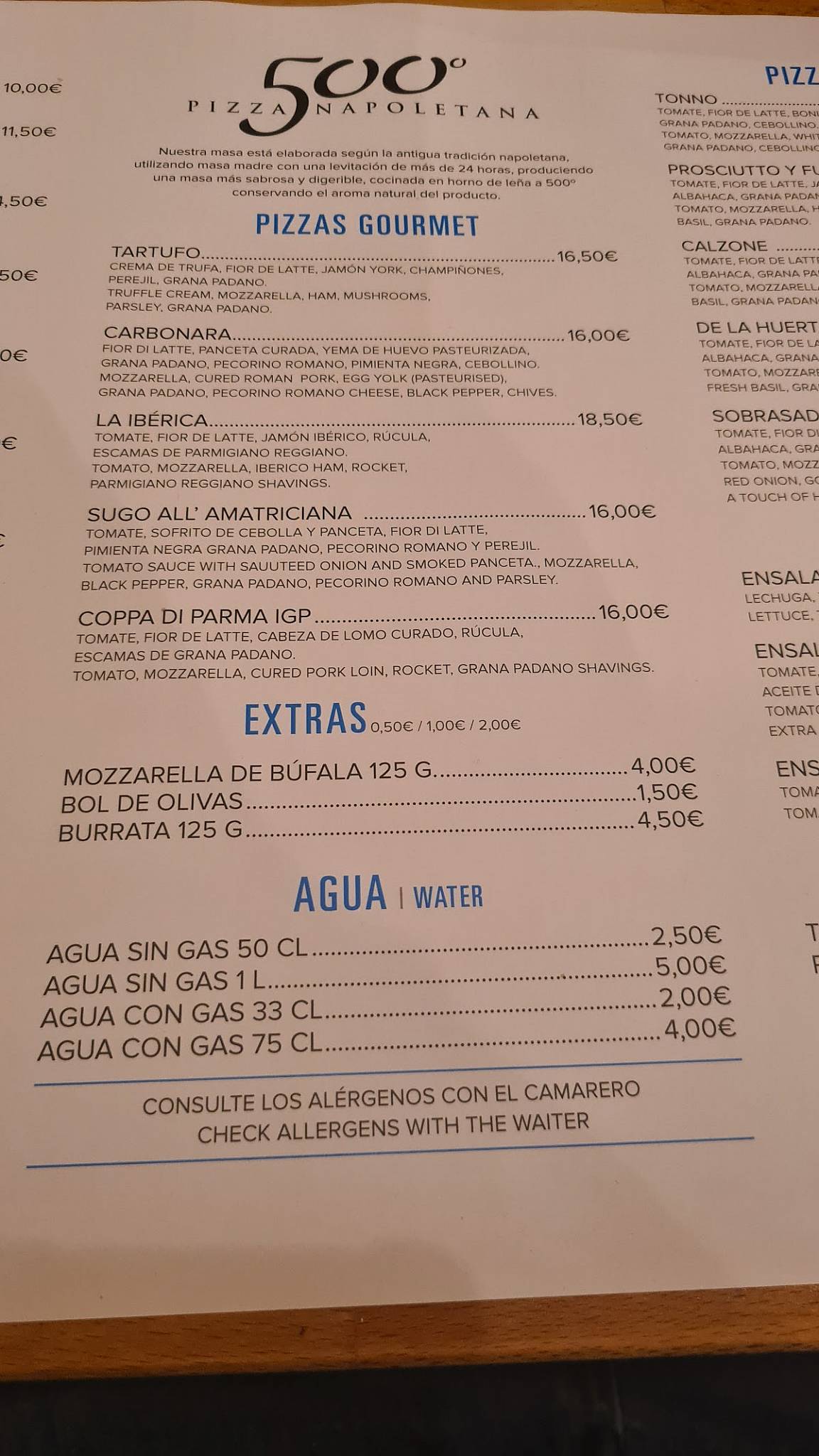 Carta de Pizzería 500 Grados, Palma de Mallorca