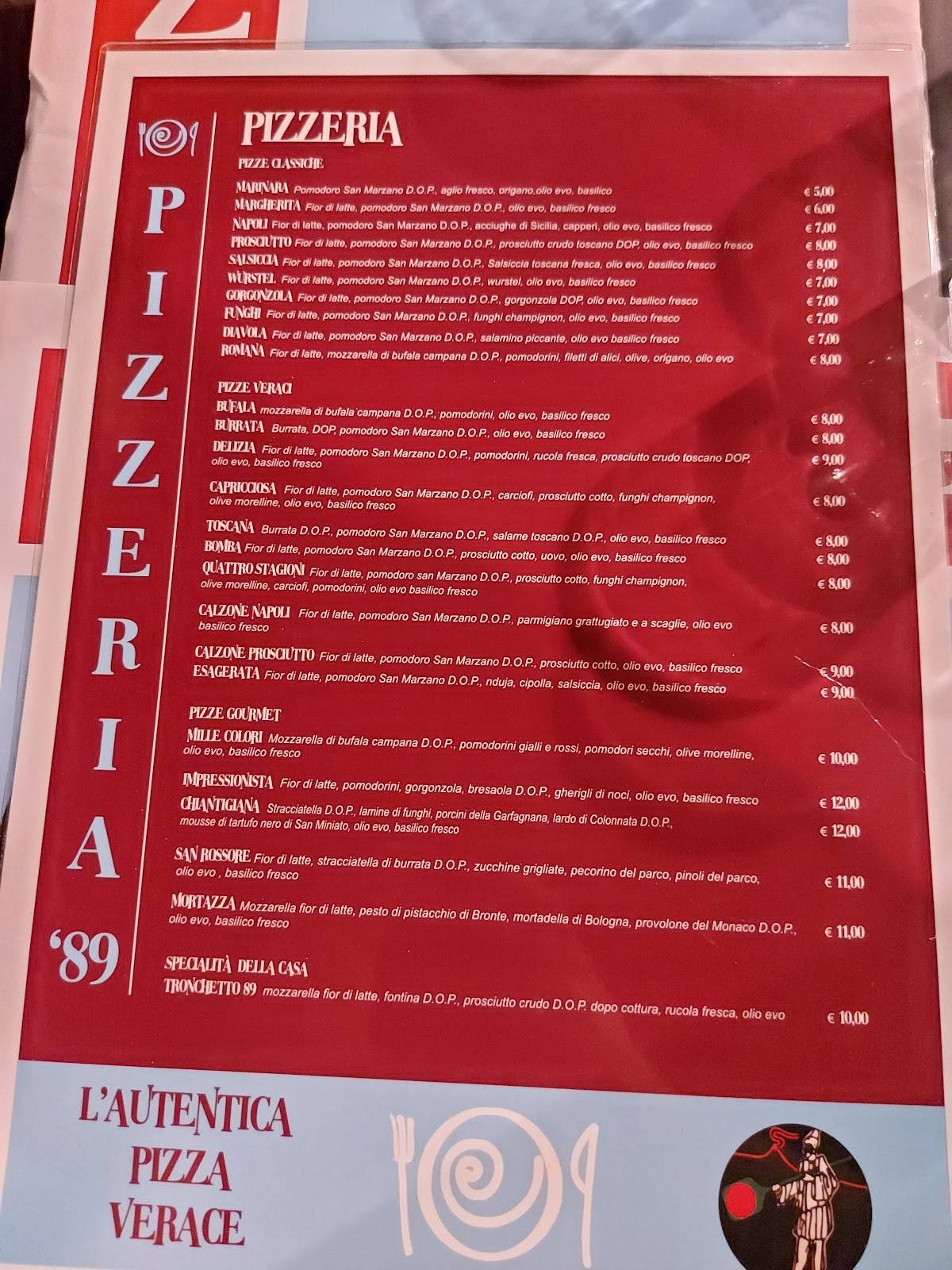 Speisekarte von Pizzeria '89, Pisa