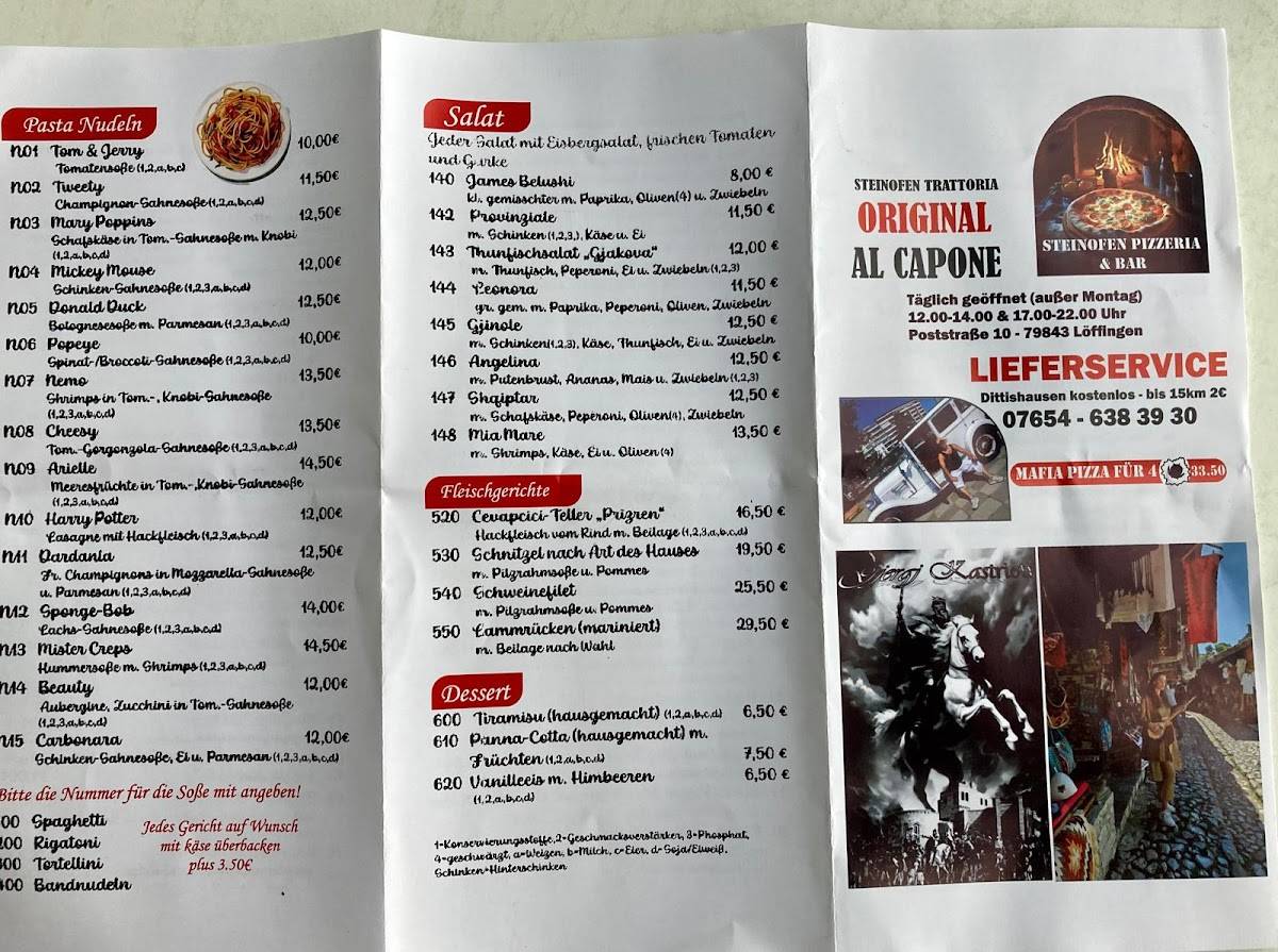Speisekarte von Pizzeria Al Capone, Löffingen