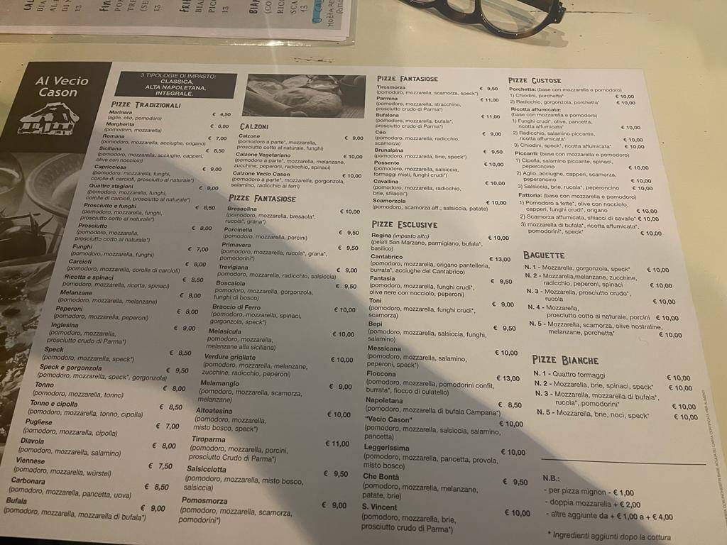 Menu da Pizzeria Al Vecio Cason, Padova