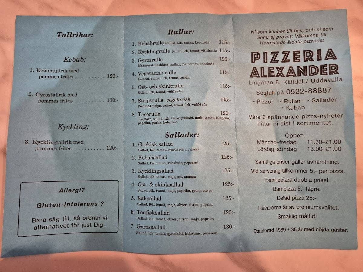 Menu at Pizzeria Alexander, Uddevalla, Lingatan 8