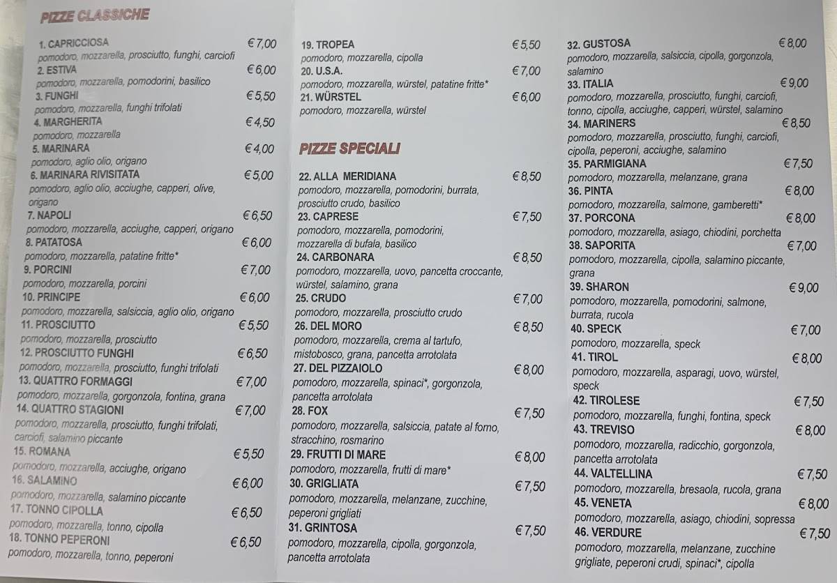 Menu da Pizzeria Alla Meridiana, Gambellara