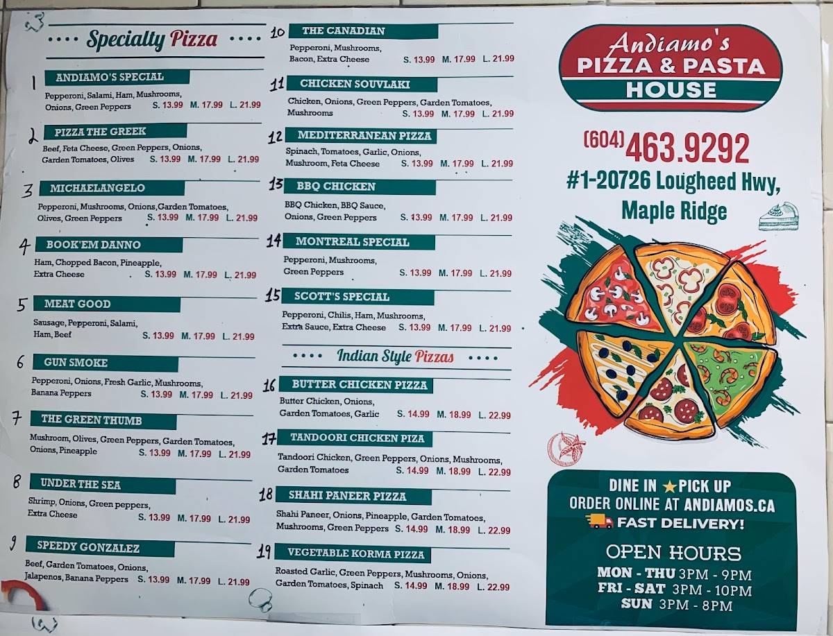Menu at Andiamo's Pizza and Pasta pizzeria, Maple Ridge