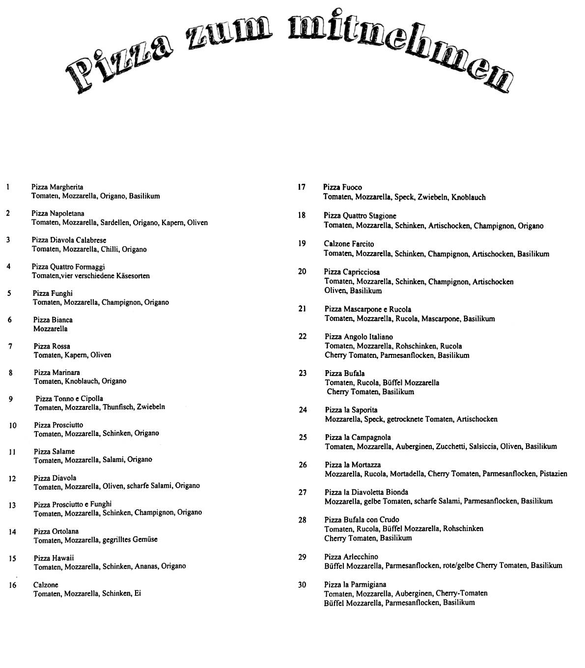 Menu da Pizzeria Angolo Italiano, Basilea, Maulbeerstrasse 34