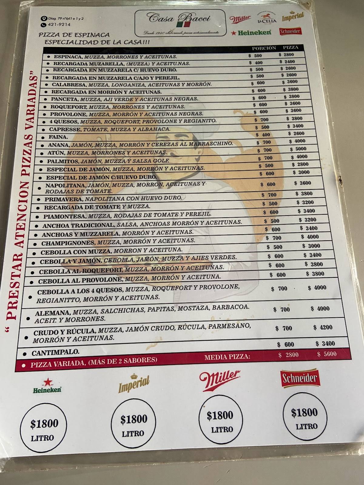 Carta de Pizzería Bacci, La Plata