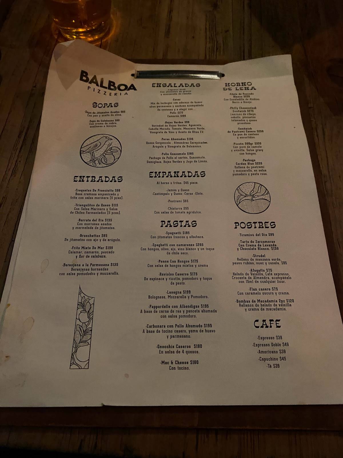 Carta de Balboa Pizzería Cuauhtémoc, Ciudad de México, C. Río Lerma 94