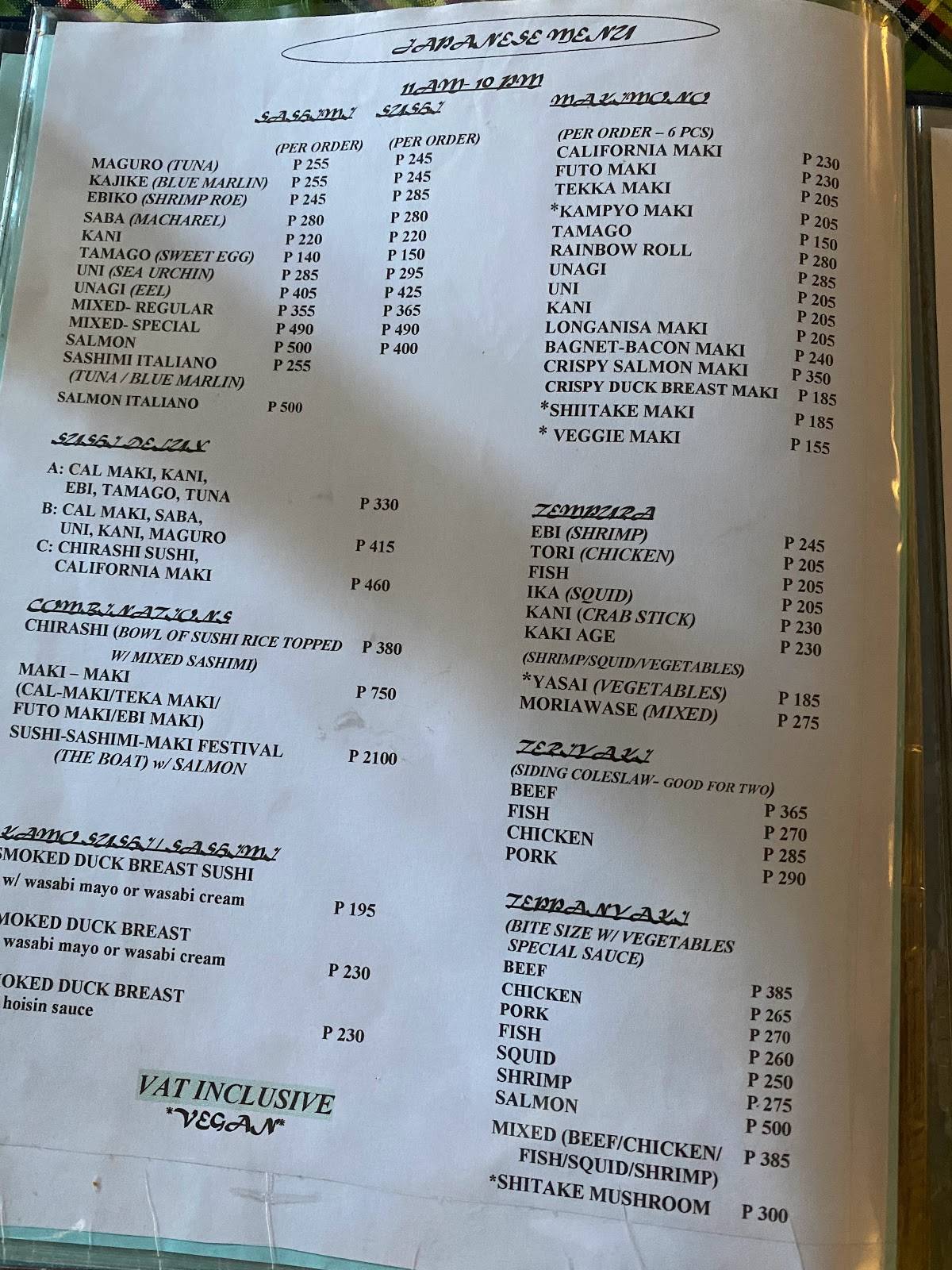 Menu at Cafe Leona, Vigan City