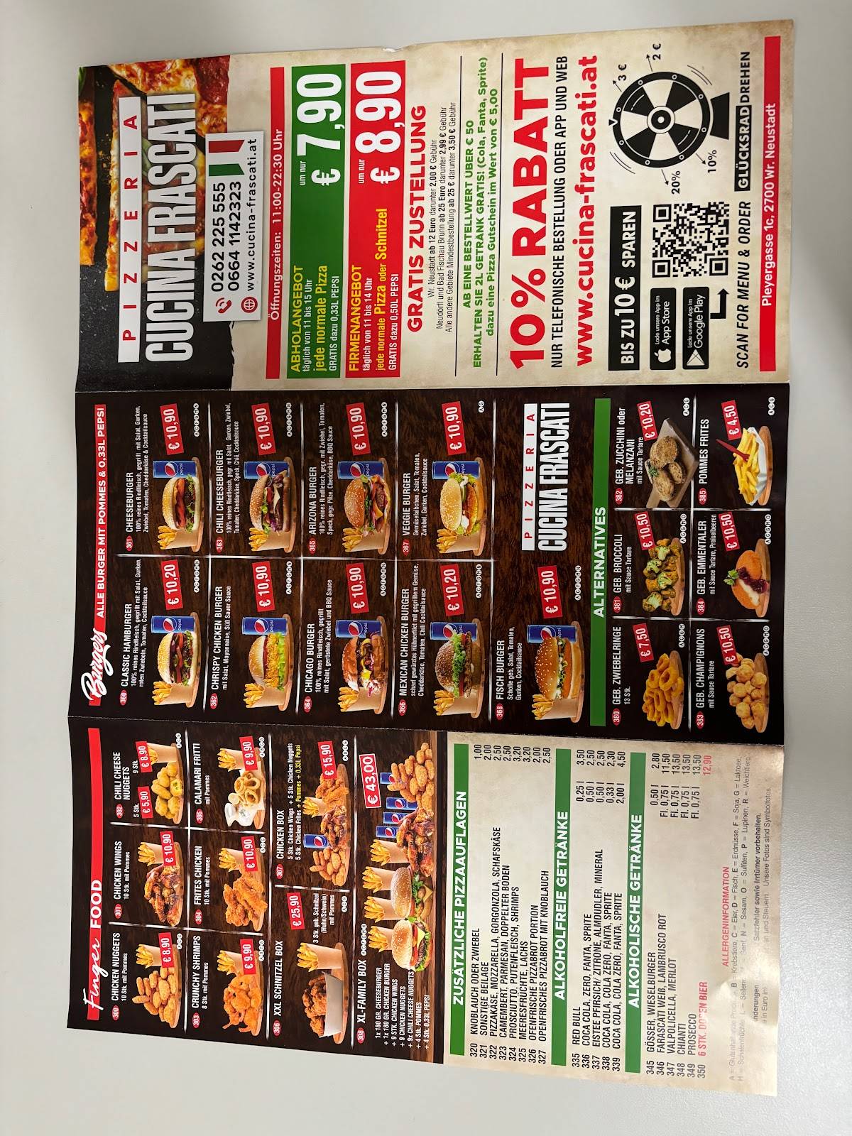 Speisekarte von Pizzeria Cucina Frascati, Wiener Neustadt