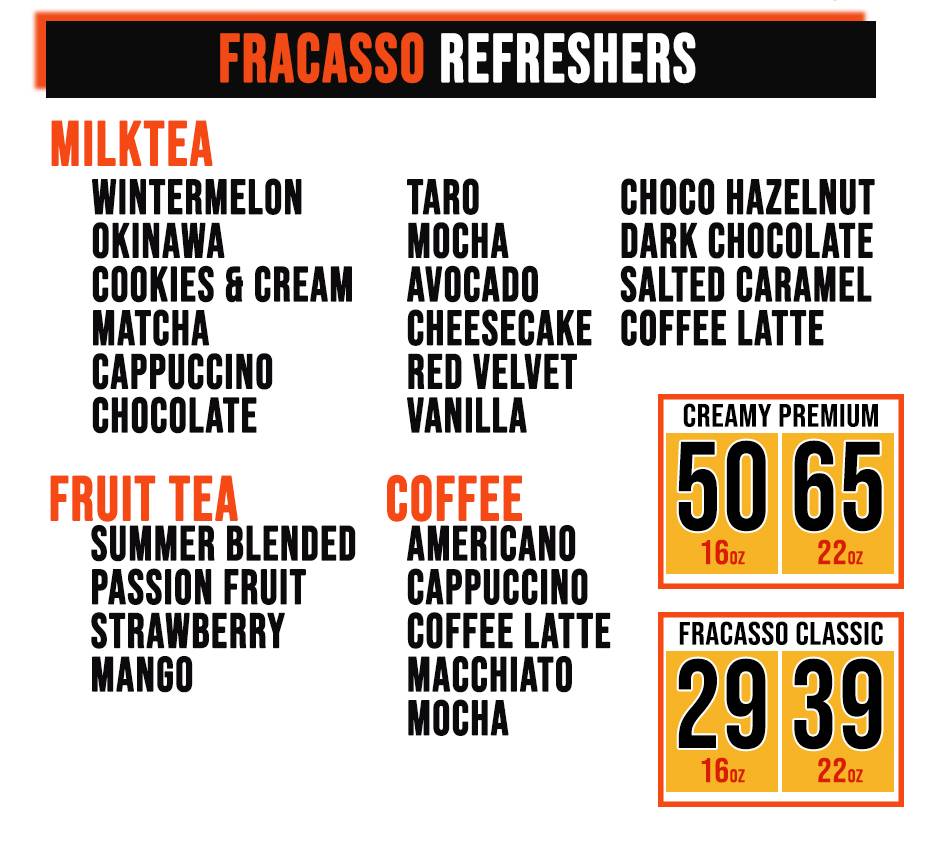 Menu at Fracasso Lagro pizzeria, Quezon City