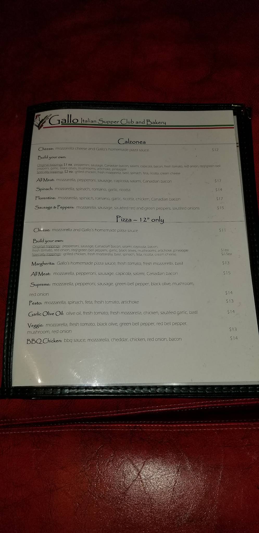 Menu at Gallo Italian Supper Club and Bakery, Englewood