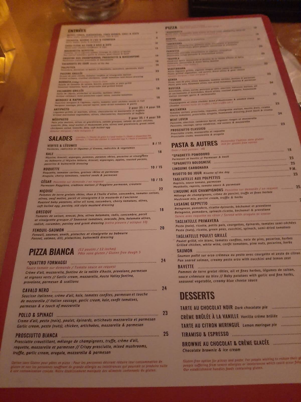Menu at Pizzeria Geppetto Beaubien, Montréal, Rue Beaubien E