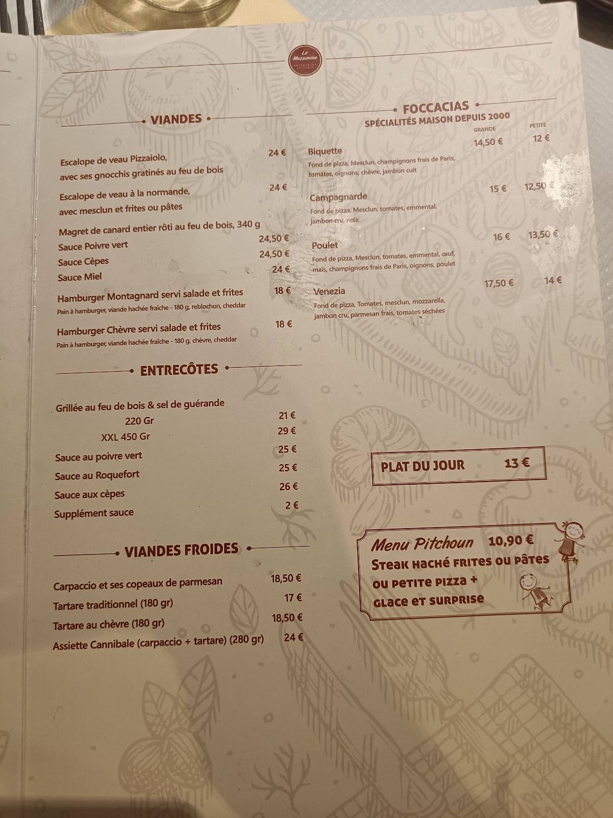 Menu au La Mezzanine pizzeria, Saint-Laurent-du-Var