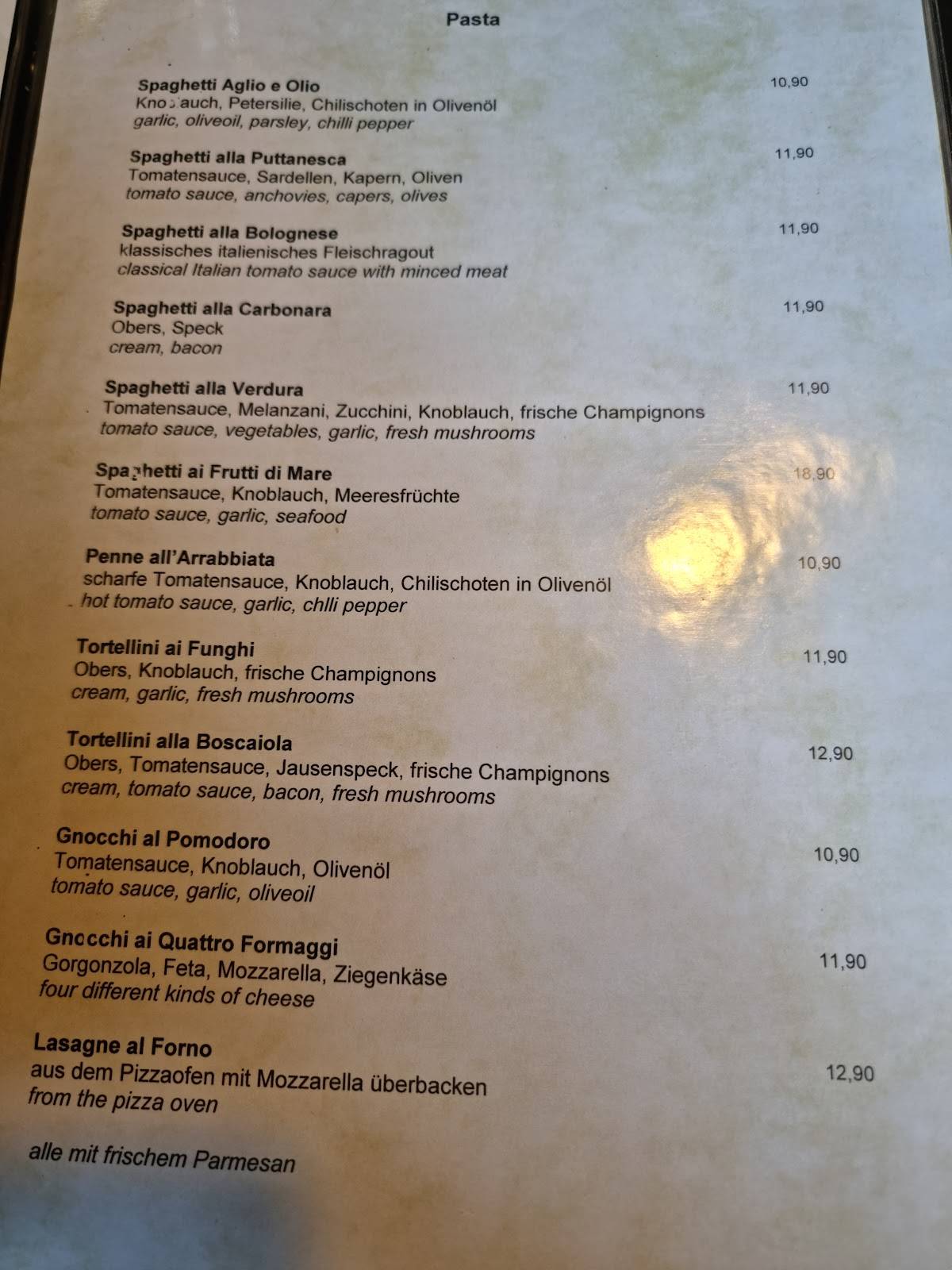 Menu at Pizzeria Lana, Vienna