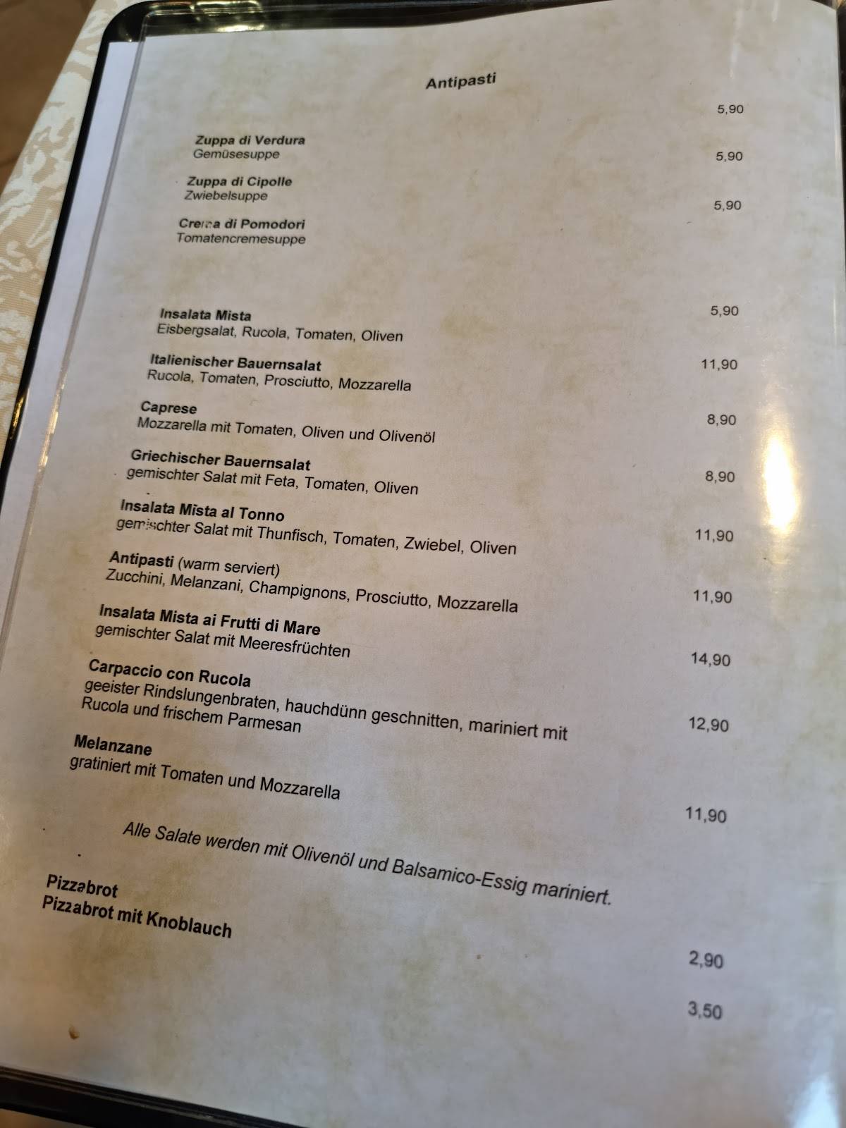 Menu at Pizzeria Lana, Vienna