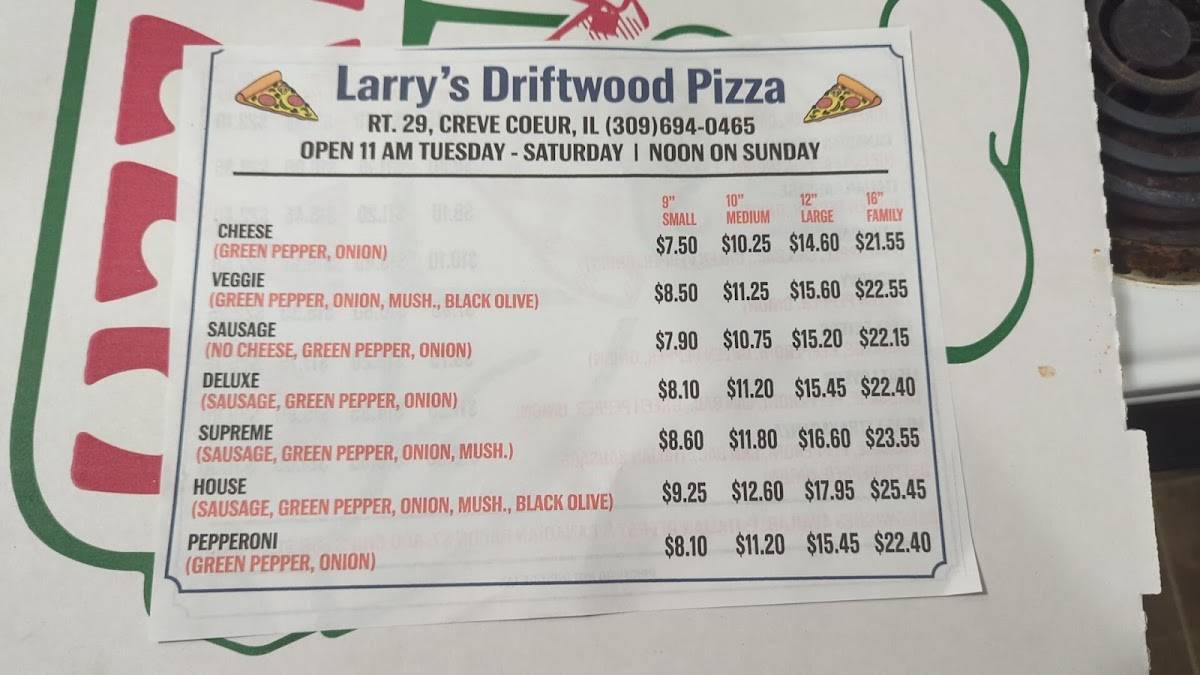 Menu at Larry's Driftwood Pizza pizzeria, Creve Coeur, 661 S Main St