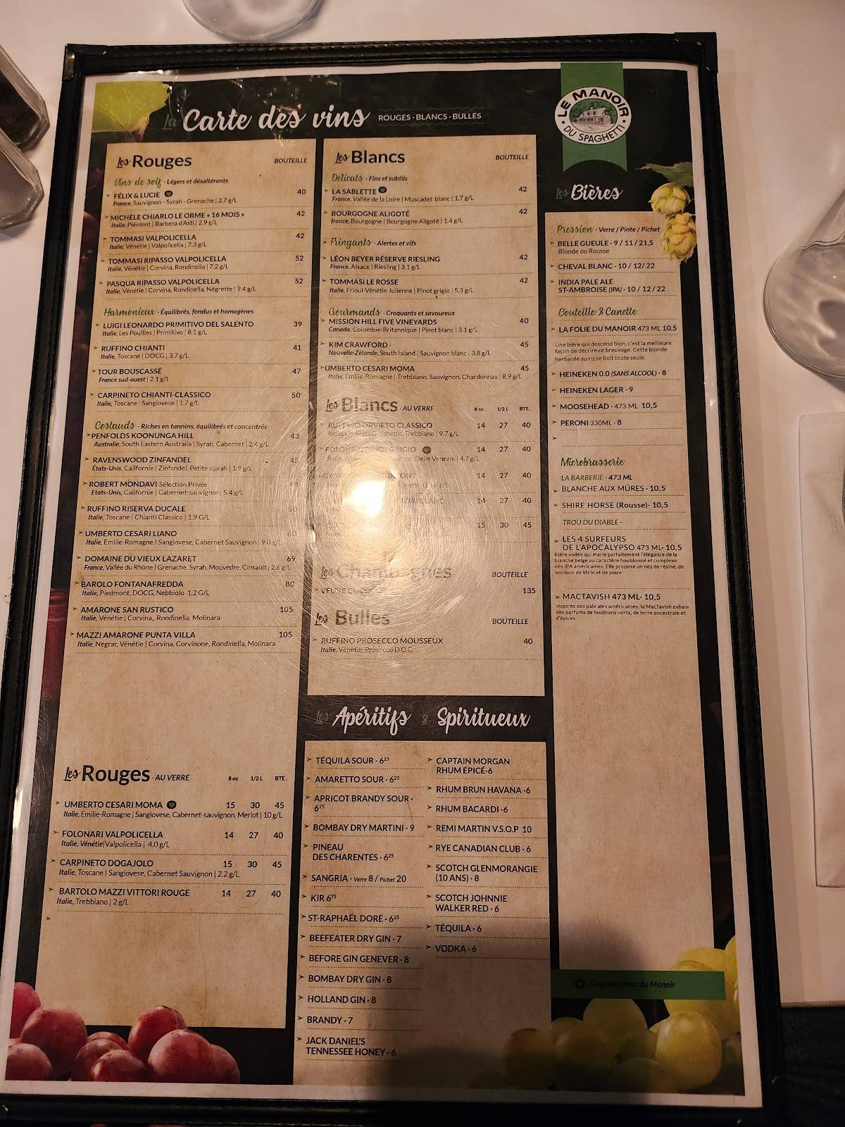 Menu au Le Manoir du Spaghetti pizzeria, Trois-Rivières