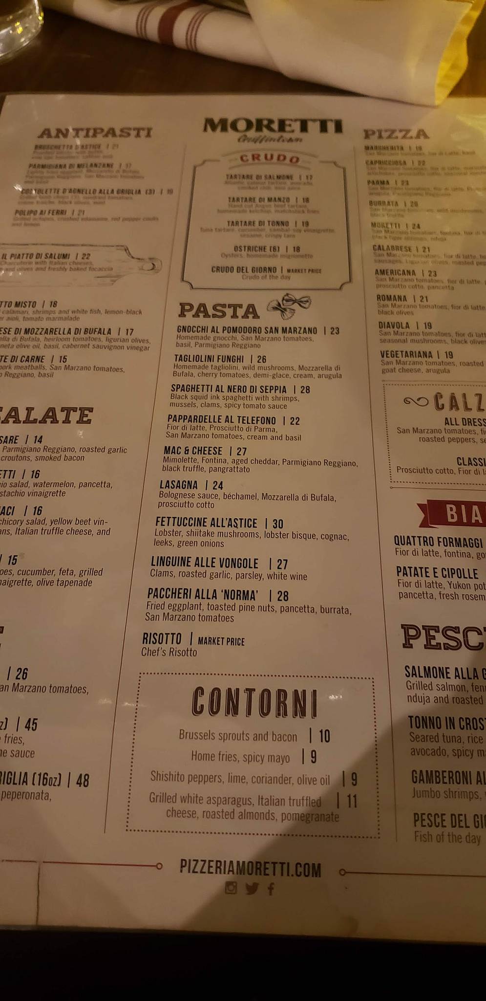 Menu au Pizzeria Moretti Griffintown, Montréal