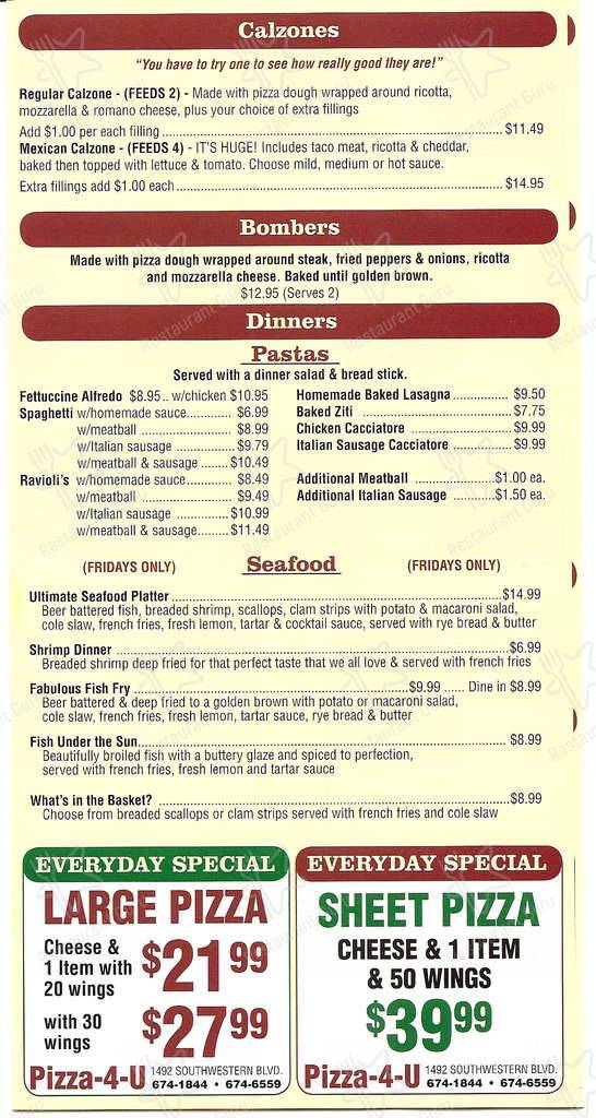 Menu at Pizza 4 U pizzeria, West Seneca
