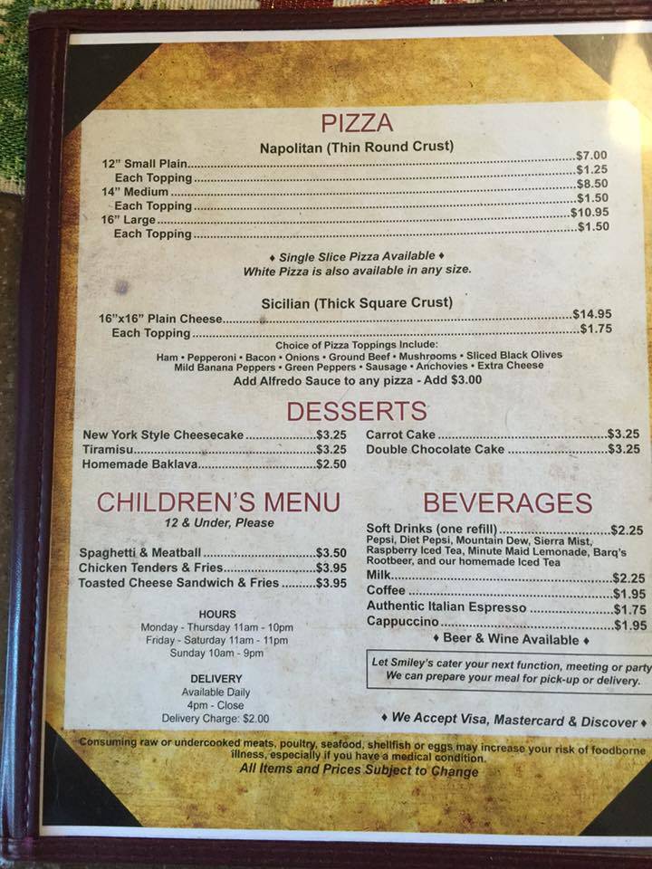 Menu at Smiley's Ristorante & Pizzeria, Massillon