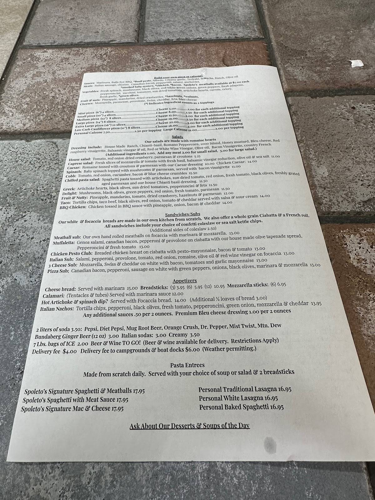 Menu at Spoleto's Pizzeria & Wine Shop, Sweet Home