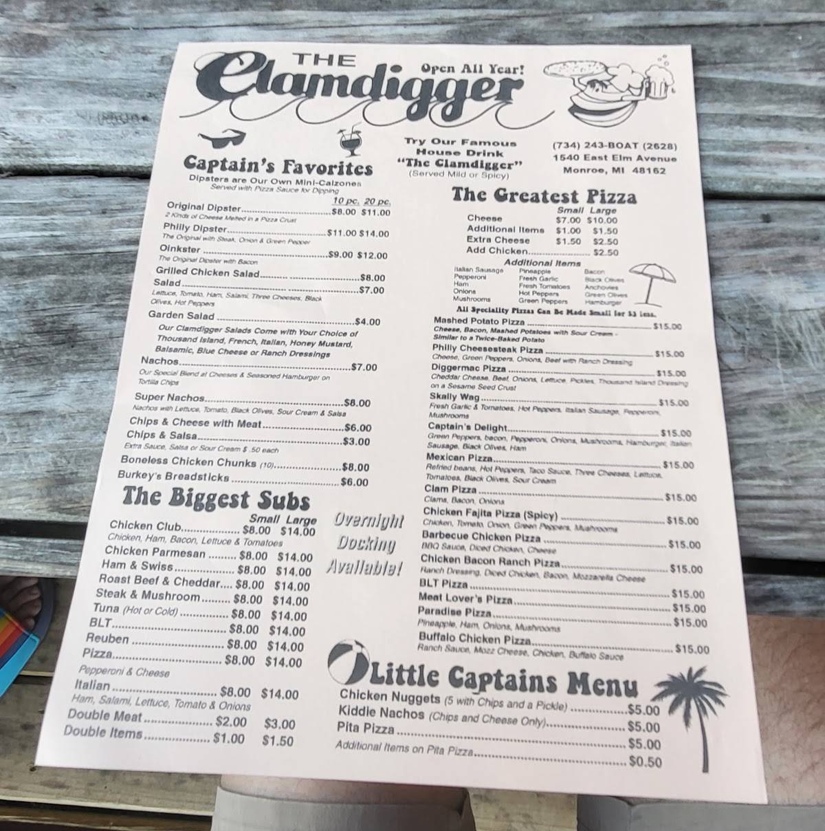Menu at The Clamdigger pizzeria, Monroe
