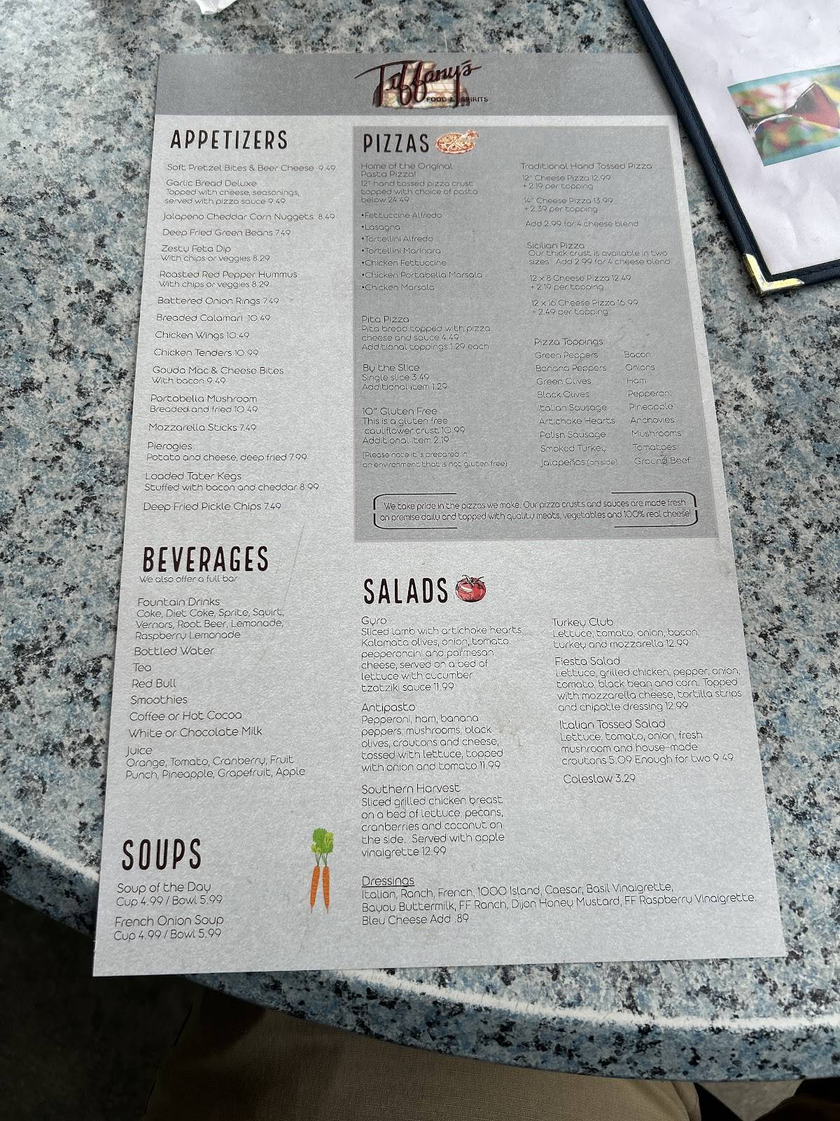 Menu at Tiffany's Food & Spirits pizzeria, Frankenmuth