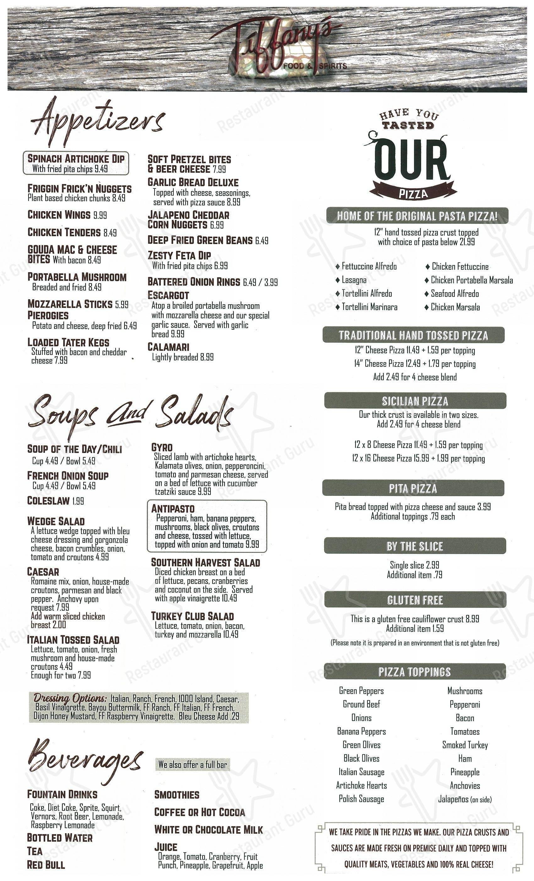 Menu at Tiffany's Food & Spirits pizzeria, Frankenmuth