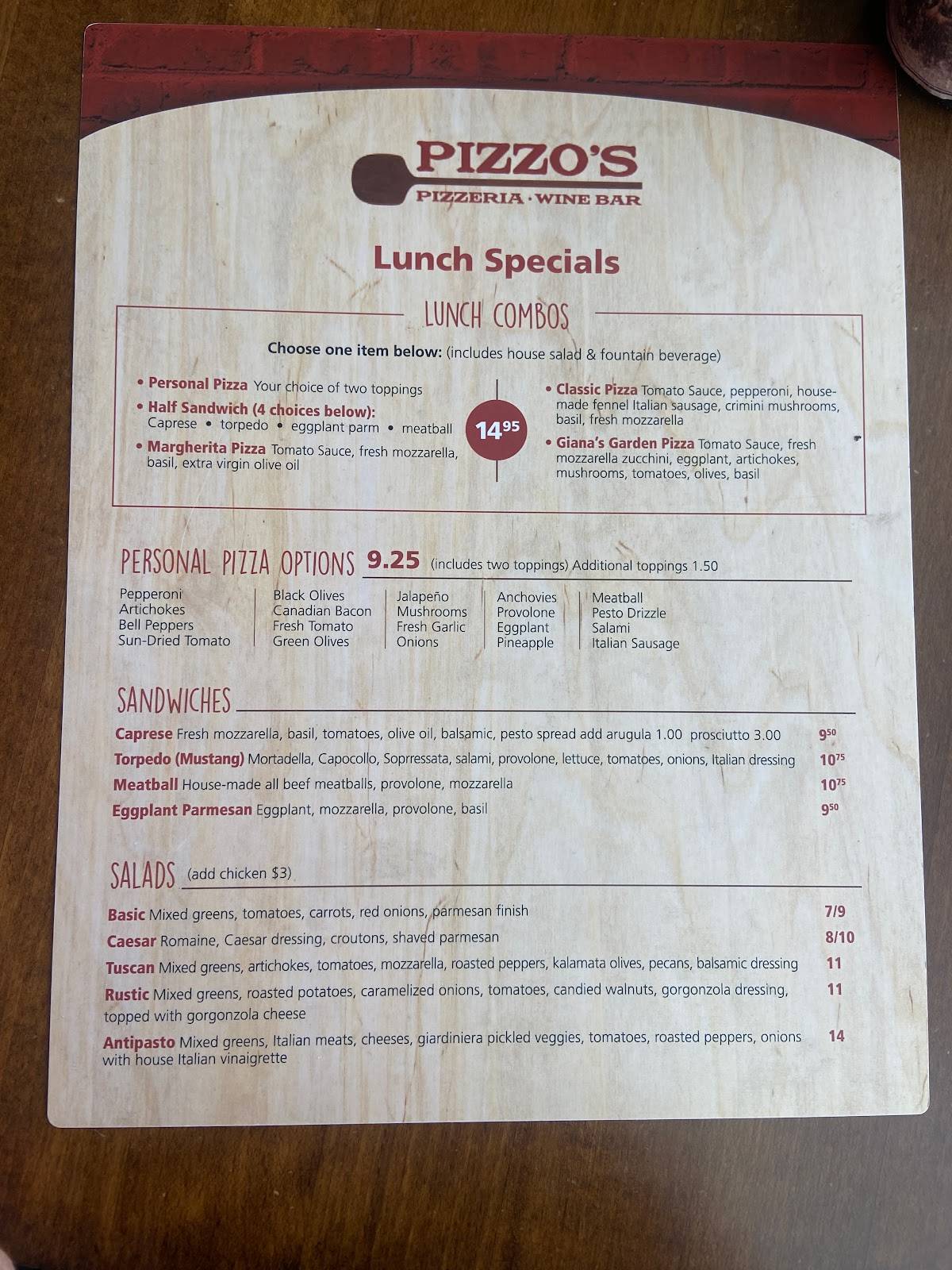 Menu at Pizzo's Pizzeria and Wine Bar, Chula Vista