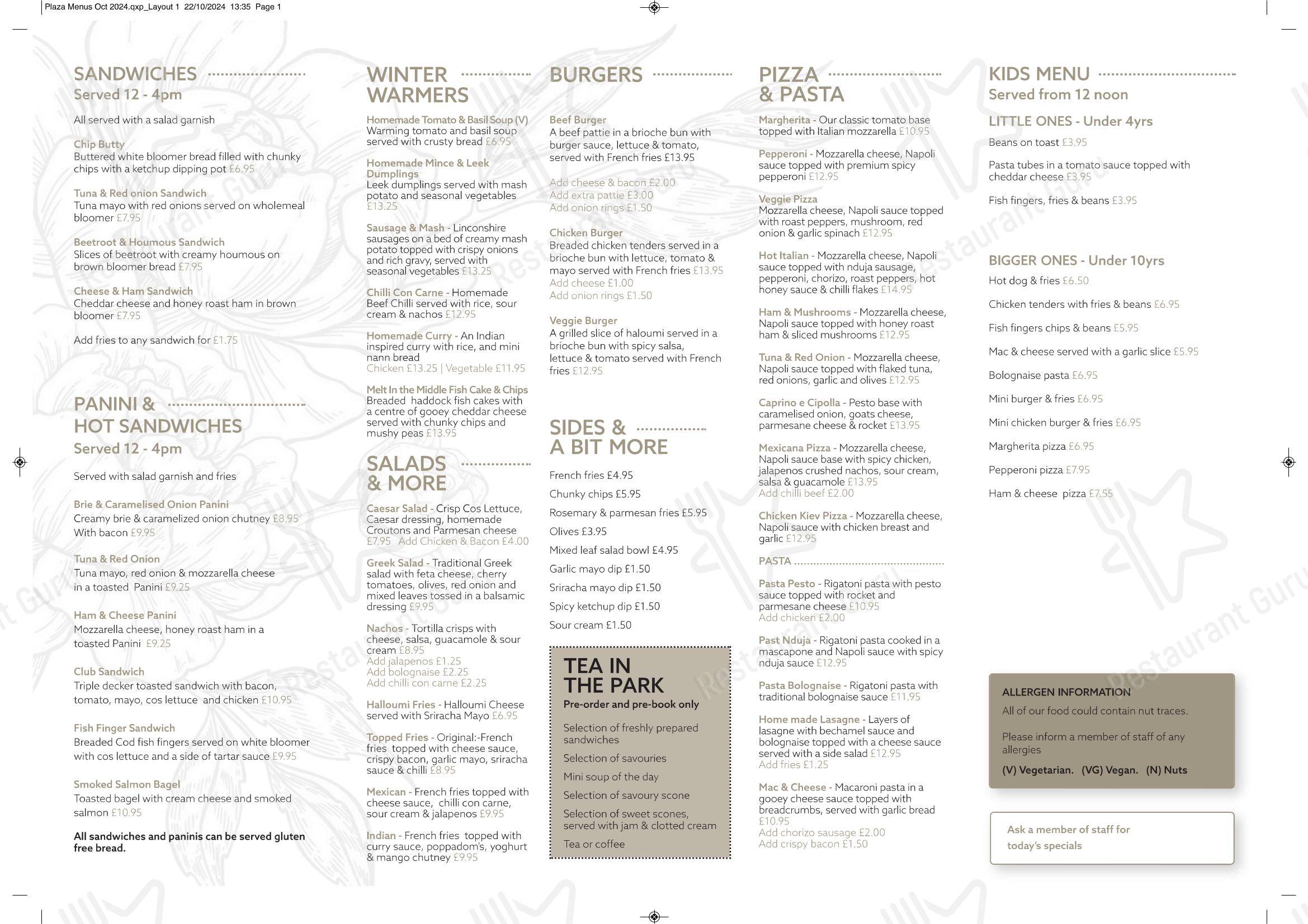 Menu at Plaza Café & Bistro restaurant, Newcastle upon Tyne