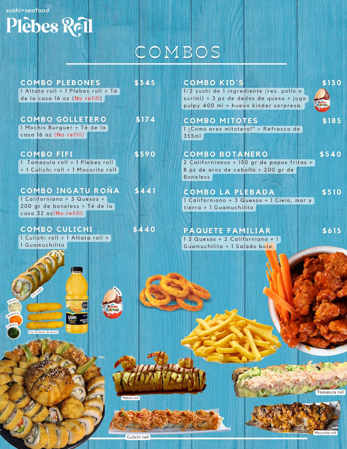 Carta del restaurante Plebes Roll, Chihuahua