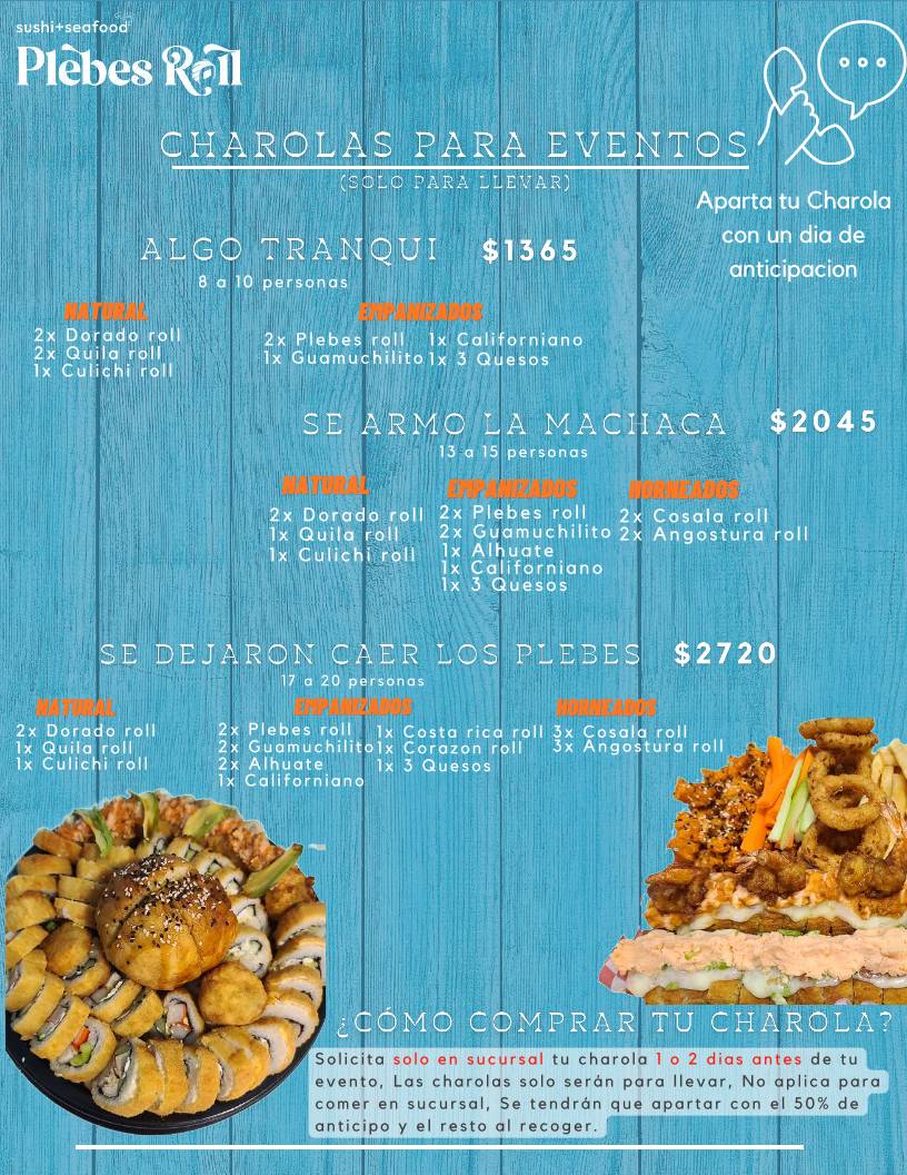 Carta del restaurante Plebes Roll, Chihuahua