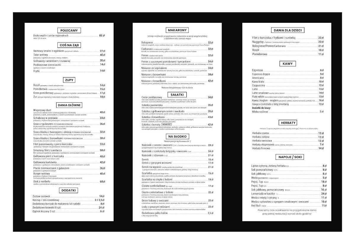 Menu at Folkowe Smaki restaurant, Lowicz