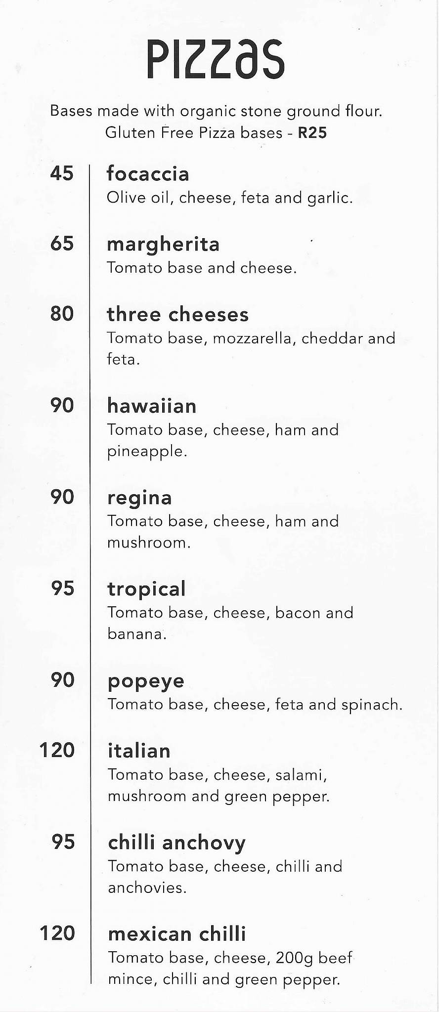 Menu at Pollock's Pizza Cafe, George