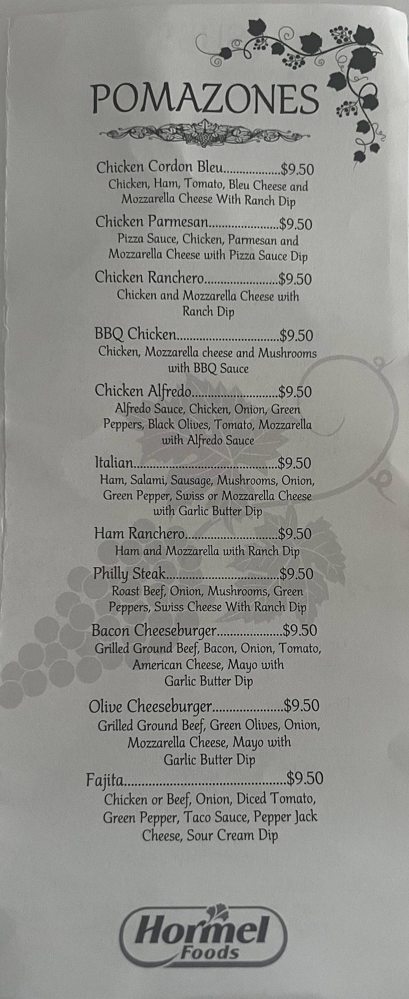 Menu at Pompeii's pizzeria, Reed City