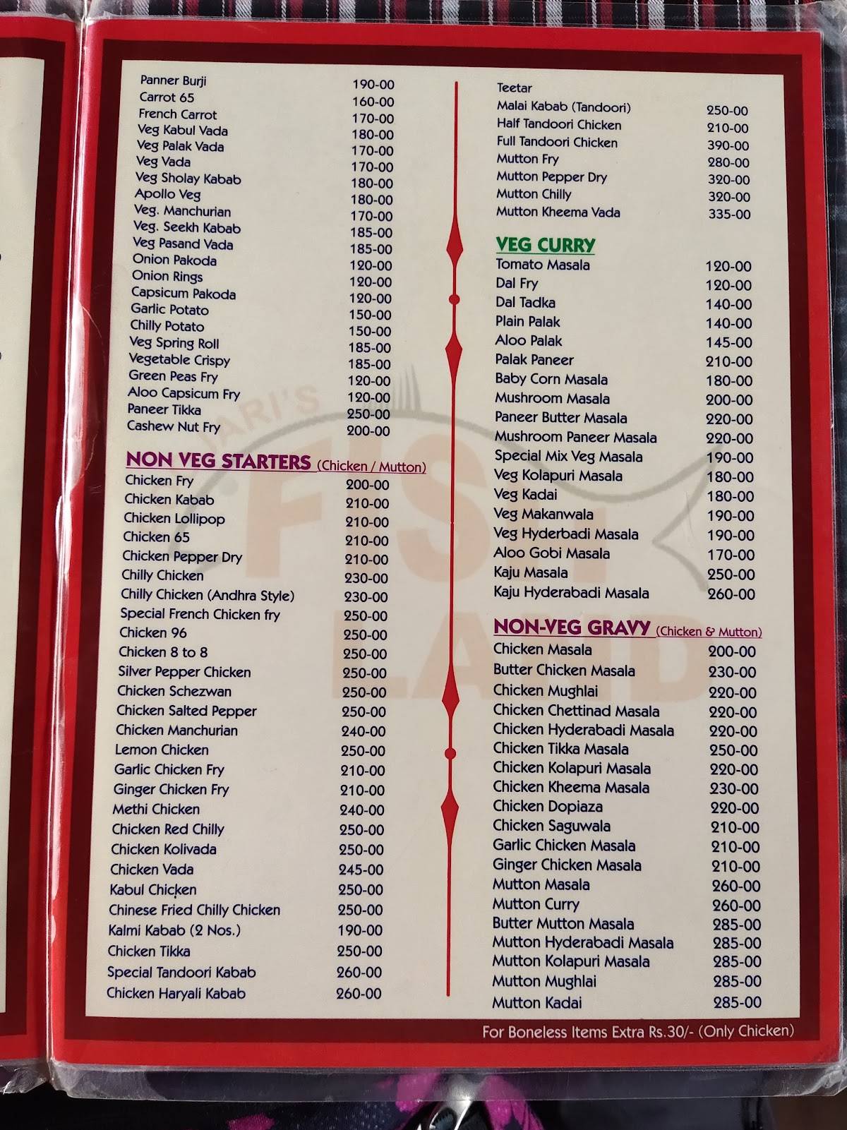 Menu at Poojari Fish Land, Mysuru
