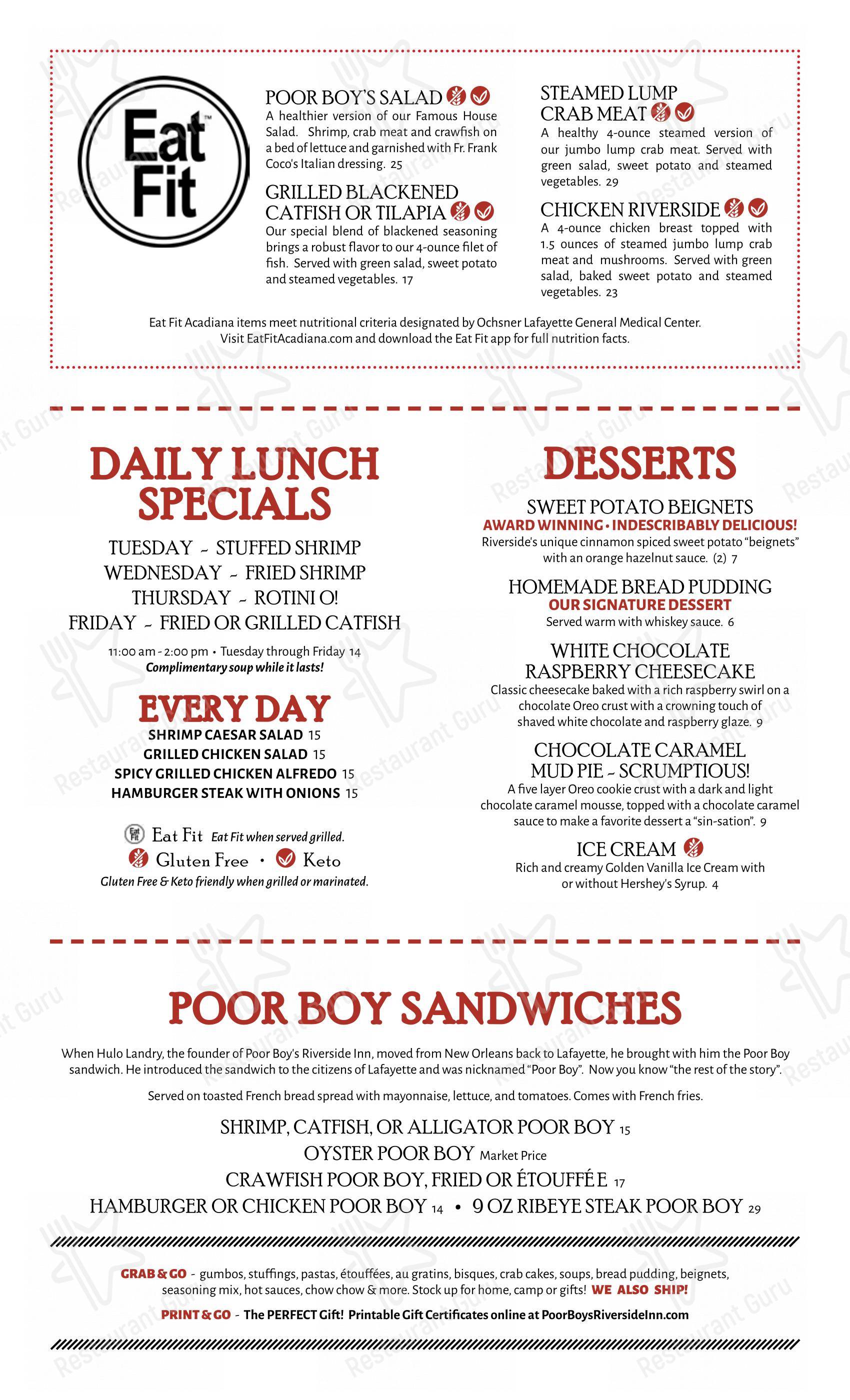 Menu at Poor Boy's Riverside Inn restaurant, Broussard