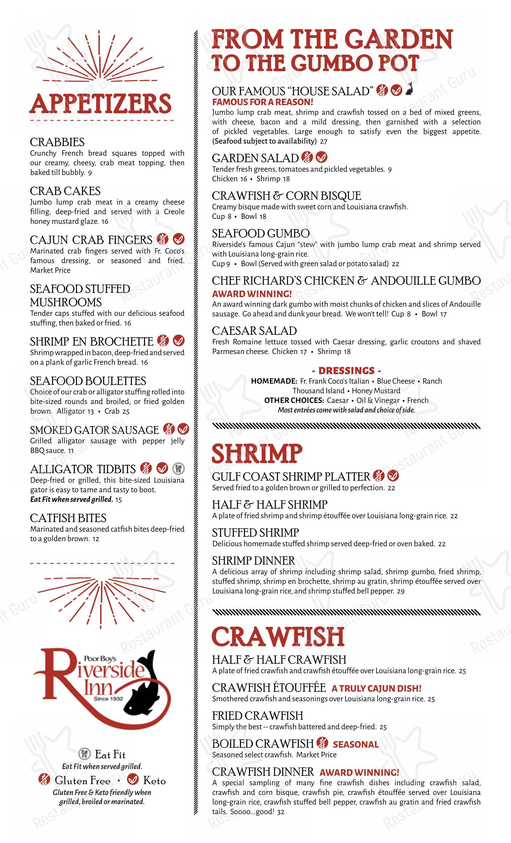 Menu at Poor Boy's Riverside Inn restaurant, Broussard