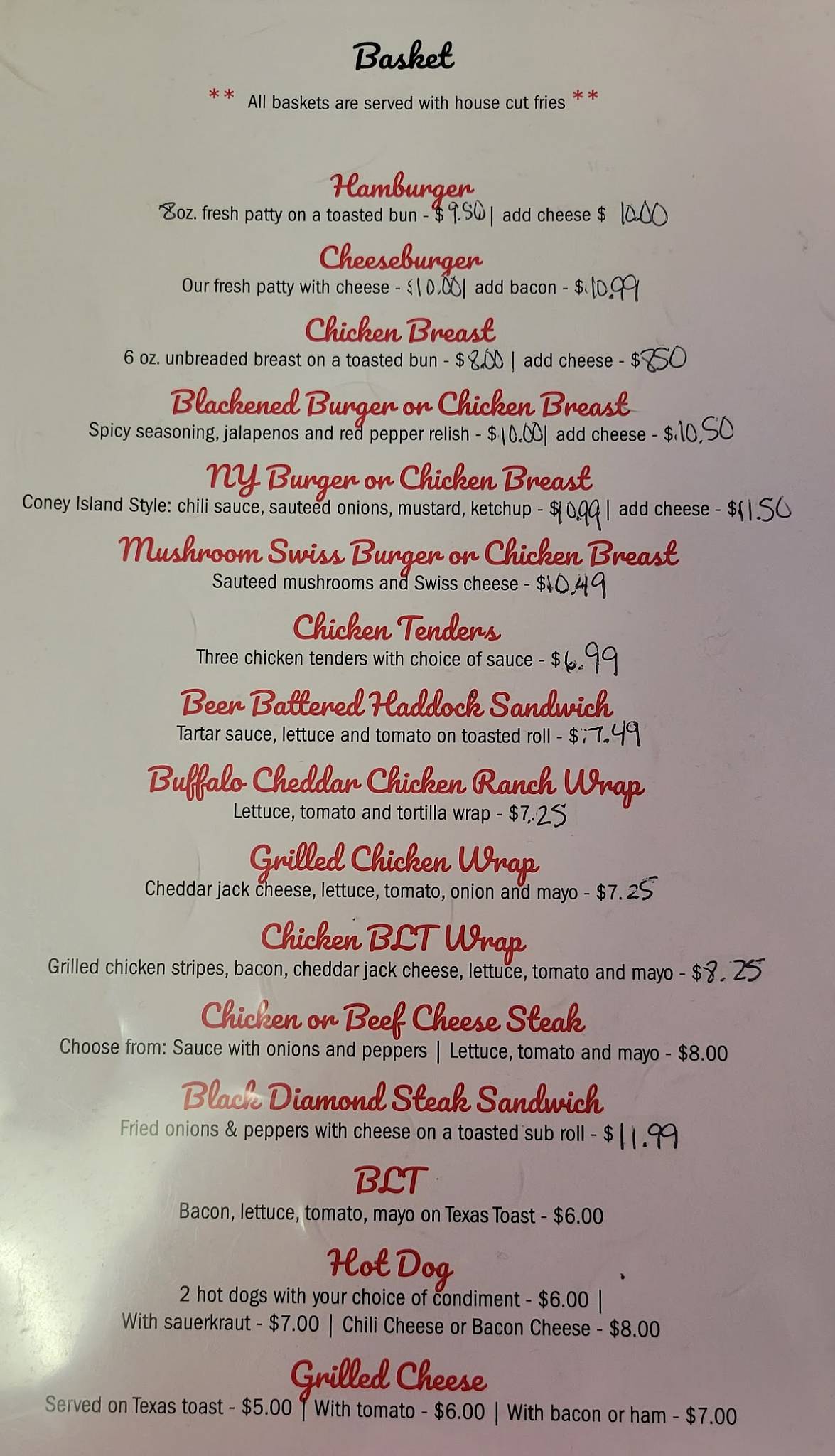 Menu at Pop Snyder's Lunch restaurant, Sunbury
