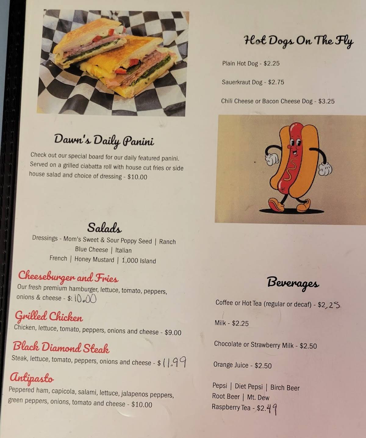 Menu at Pop Snyder's Lunch restaurant, Sunbury