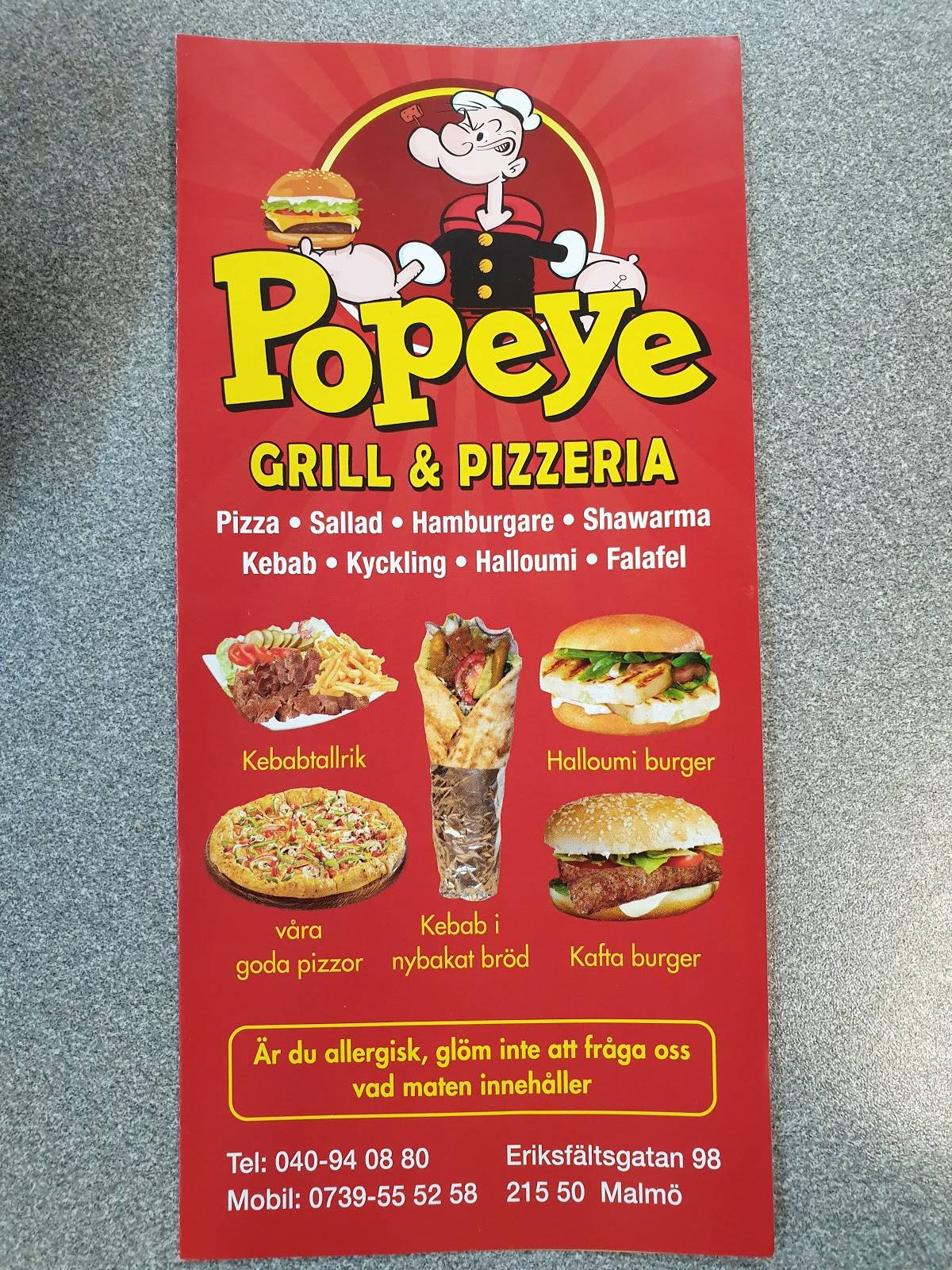 Menu at Popeye Grill restaurant, Malmö, Eriksfältsgatan 98B