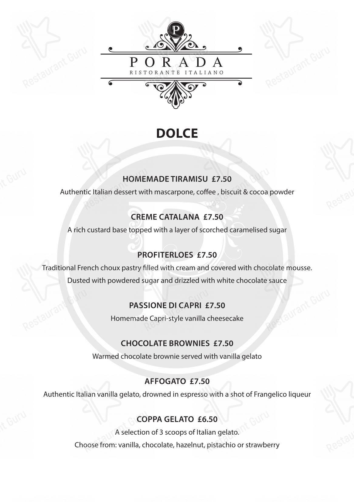 Menu at Porada restaurant, Manchester