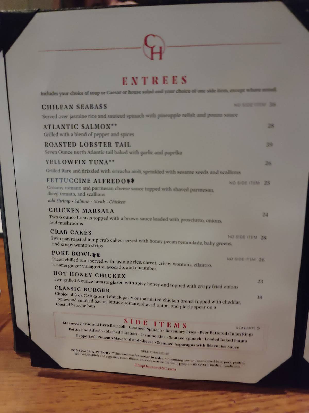 Menu at Port City Chop House steakhouse, Wilmington