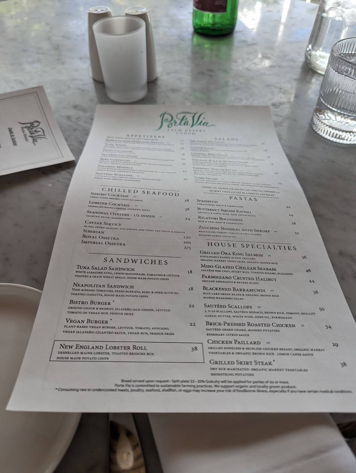 Menu at Porta Via Palm Desert pub & bar, Palm Desert