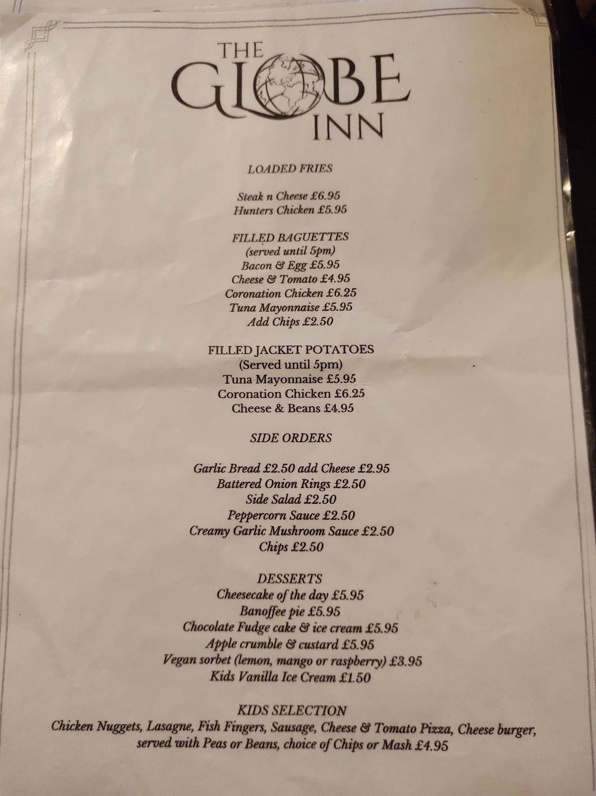 Menu at The Globe Inn pub & bar, Porthcawl